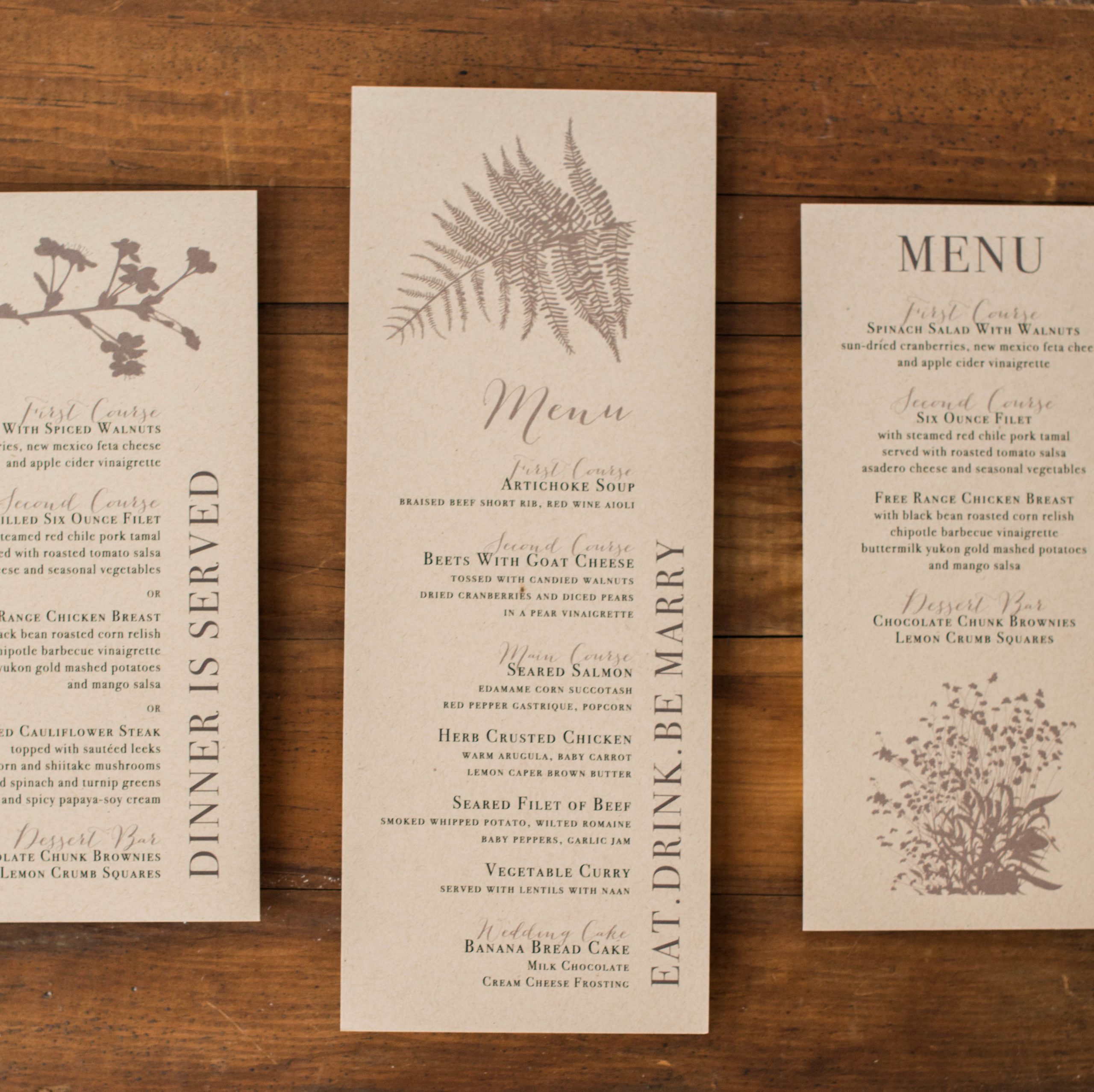Rustic Fern Customizable Flat Brown & Ivory Wedding Menus | Beacon Lane