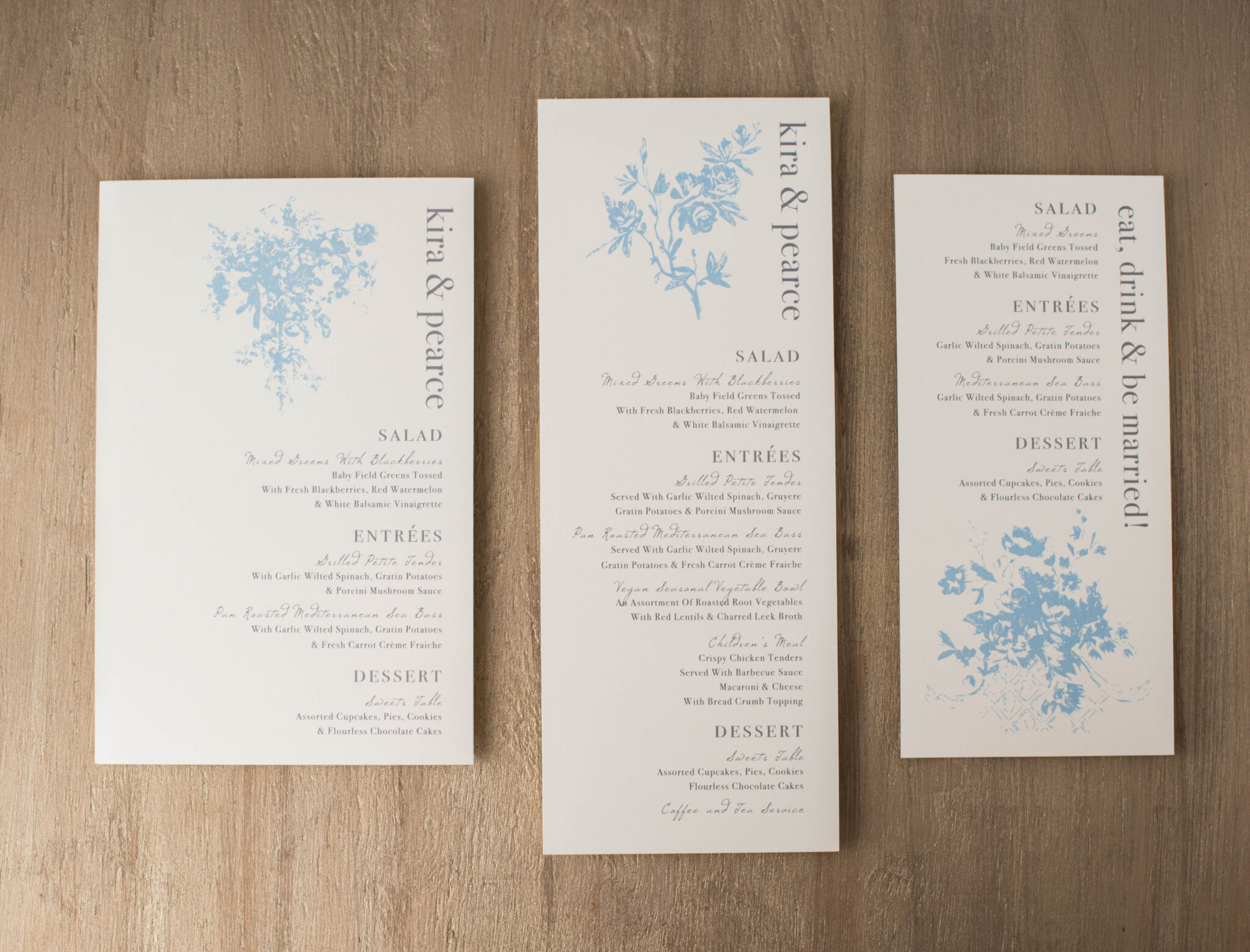 Elegant Blue Customizable Flat Vintage Wedding Menus | Beacon Lane