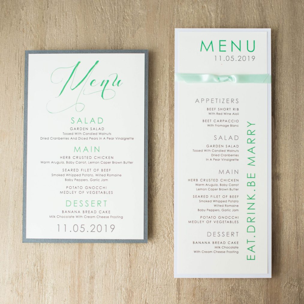 Mint Script Customizable Flat Elegant Green Wedding Menus | Beacon Lane