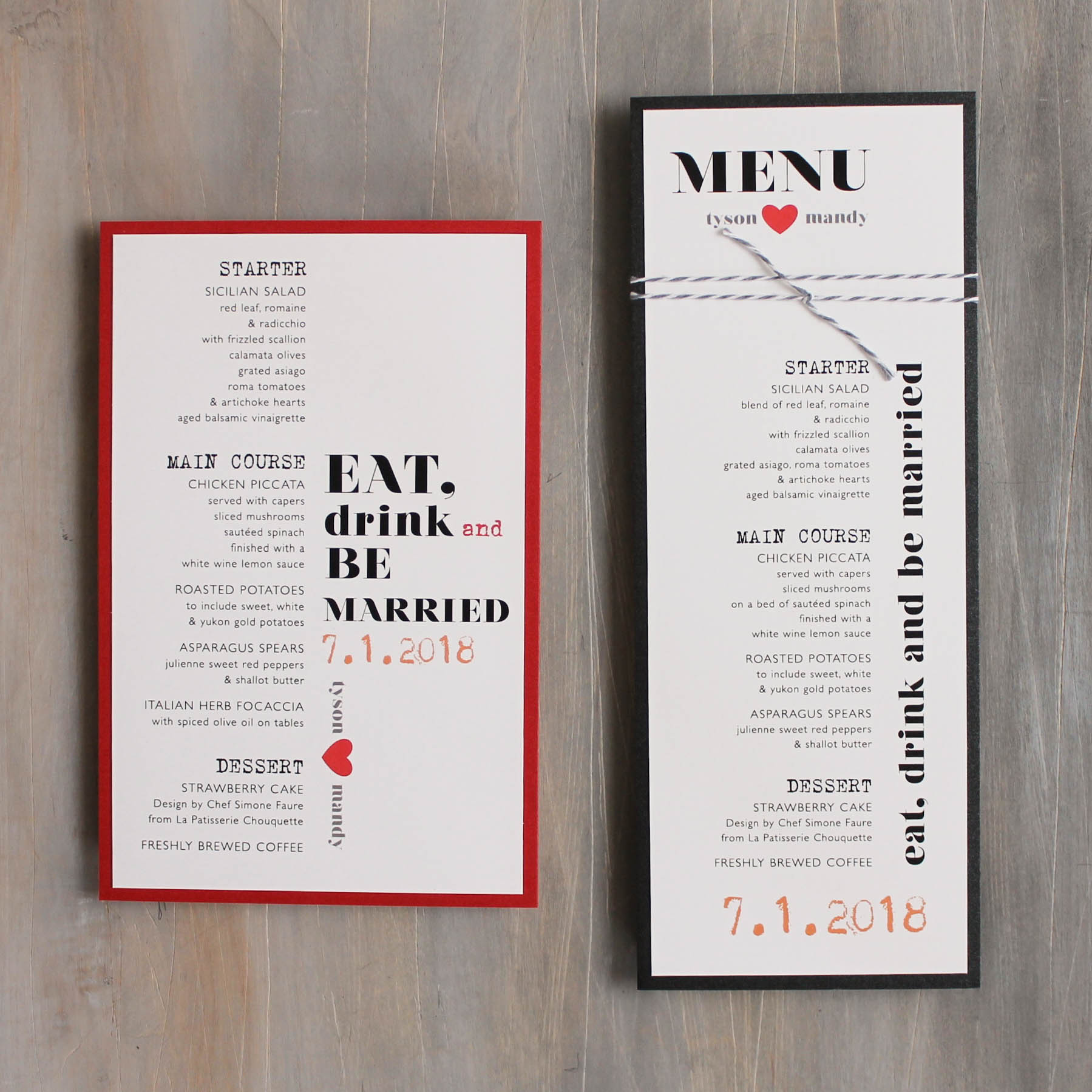 Modern Hearts Customizable Flat Black & White Wedding Menus | Beacon Lane