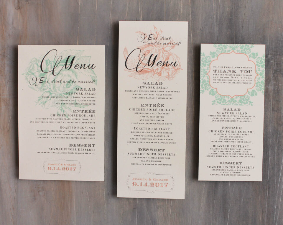 Vintage Lace Customizable Flat Blush & Green Wedding Menus | Beacon Lane