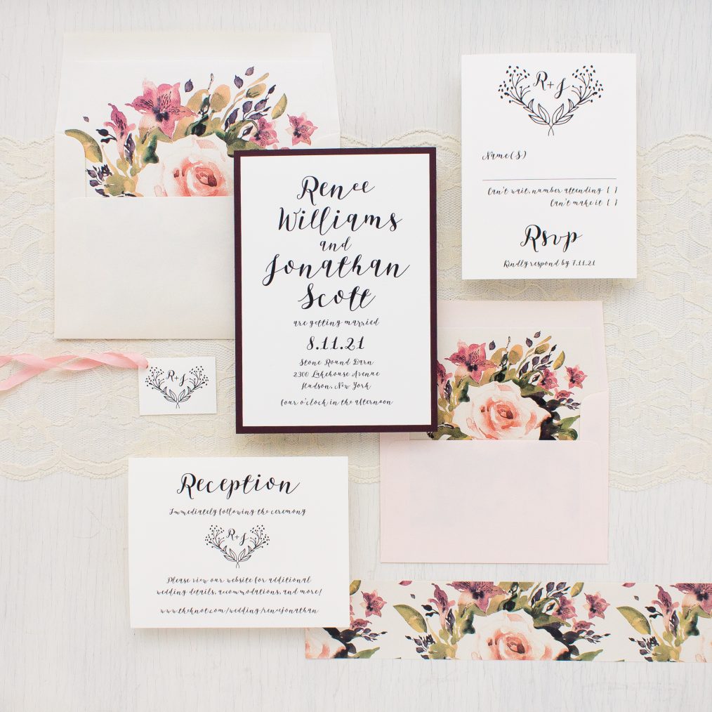 Mauve Rose Wedding Invitations | Burgundy Calligraphy | Beacon Lane
