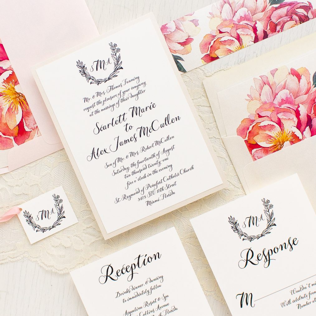 Pink Peonies Wedding Invitations Calligraphy Fonts | Beacon Lane