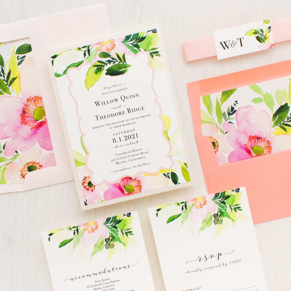 Bright Coral Wedding Invitations | Green & Peach Florals | Beacon Lane