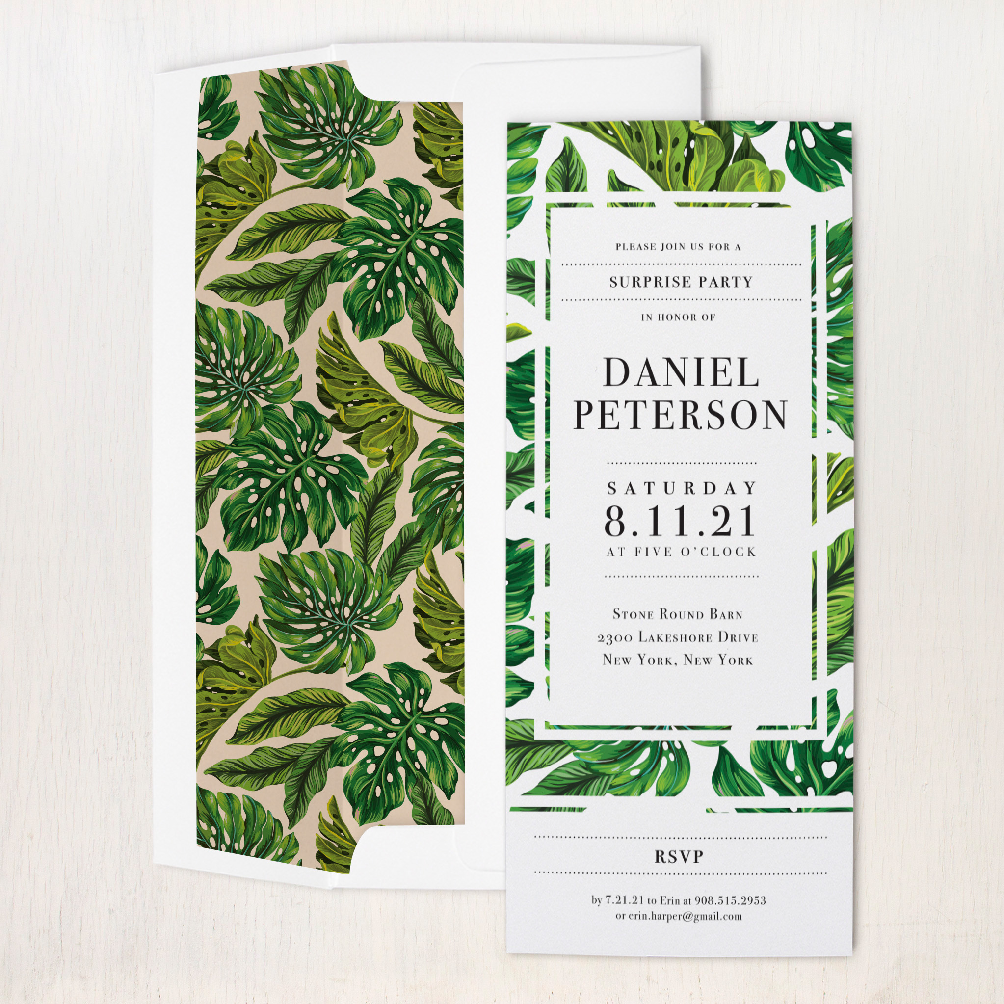 Monstera Leaf Tropical Surprise Party Invitations | Beacon Lane