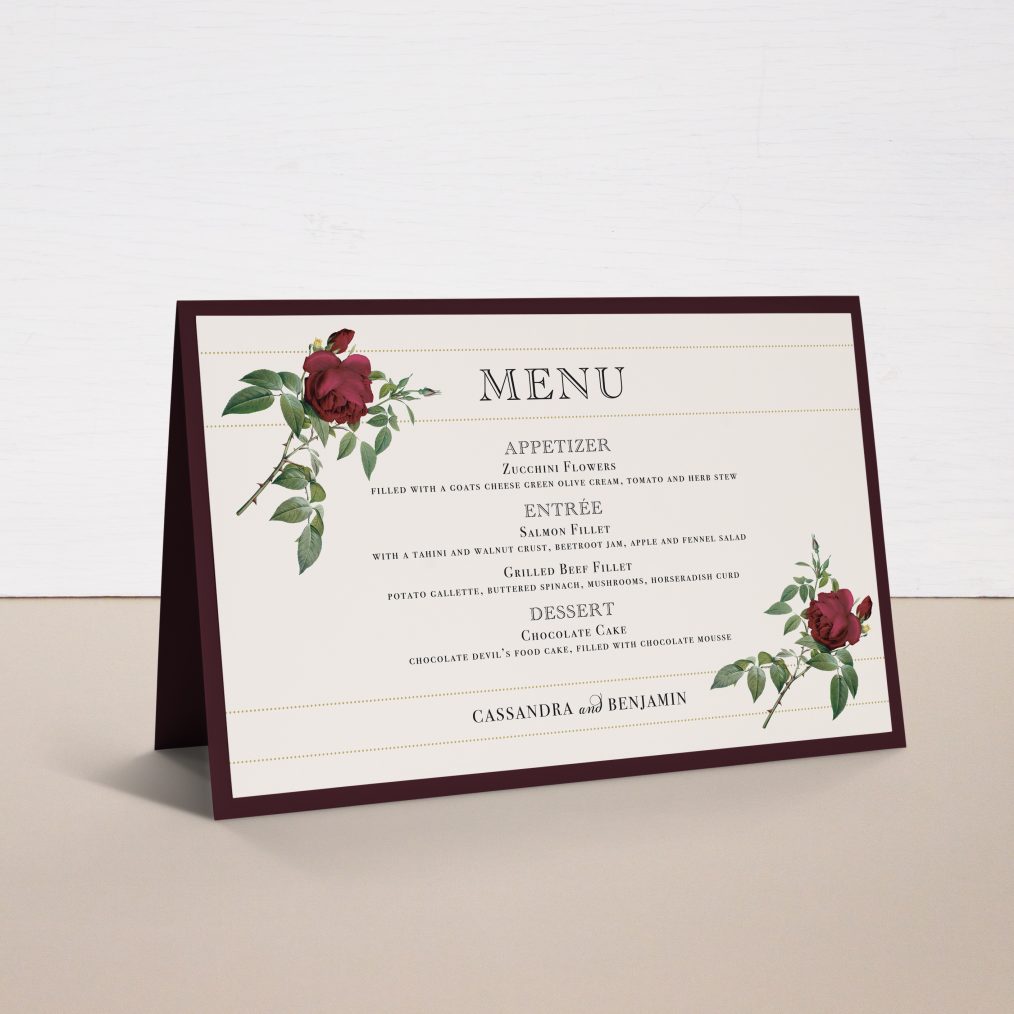 Ivory & Burgundy Customizable Tented Wedding Menus | Beacon Lane