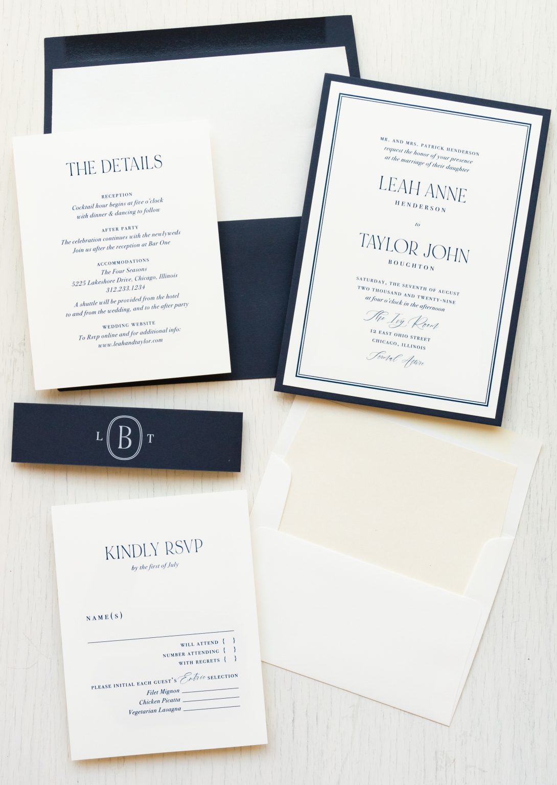 Navy Blue Monogram Wedding Invitations | Beacon Lane