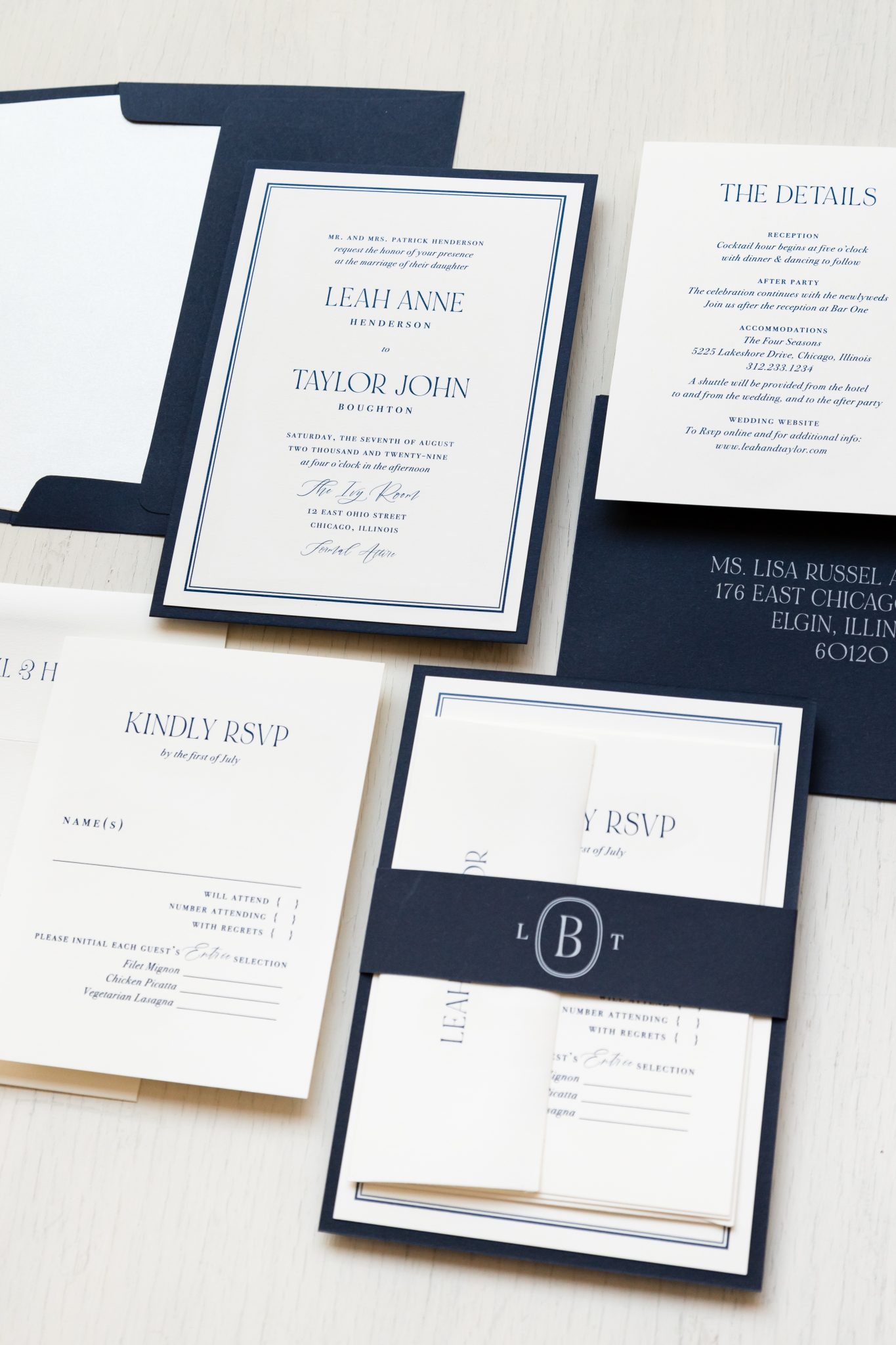 Navy Blue Monogram Wedding Invitations | Beacon Lane