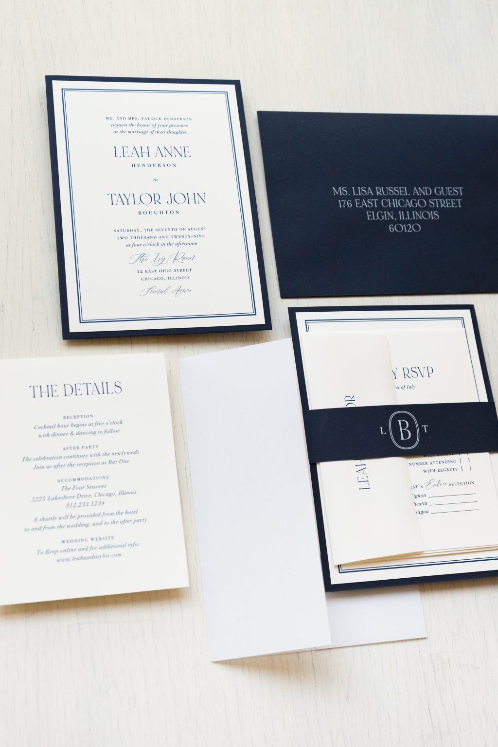 Navy Blue Monogram Wedding Invitations | Beacon Lane